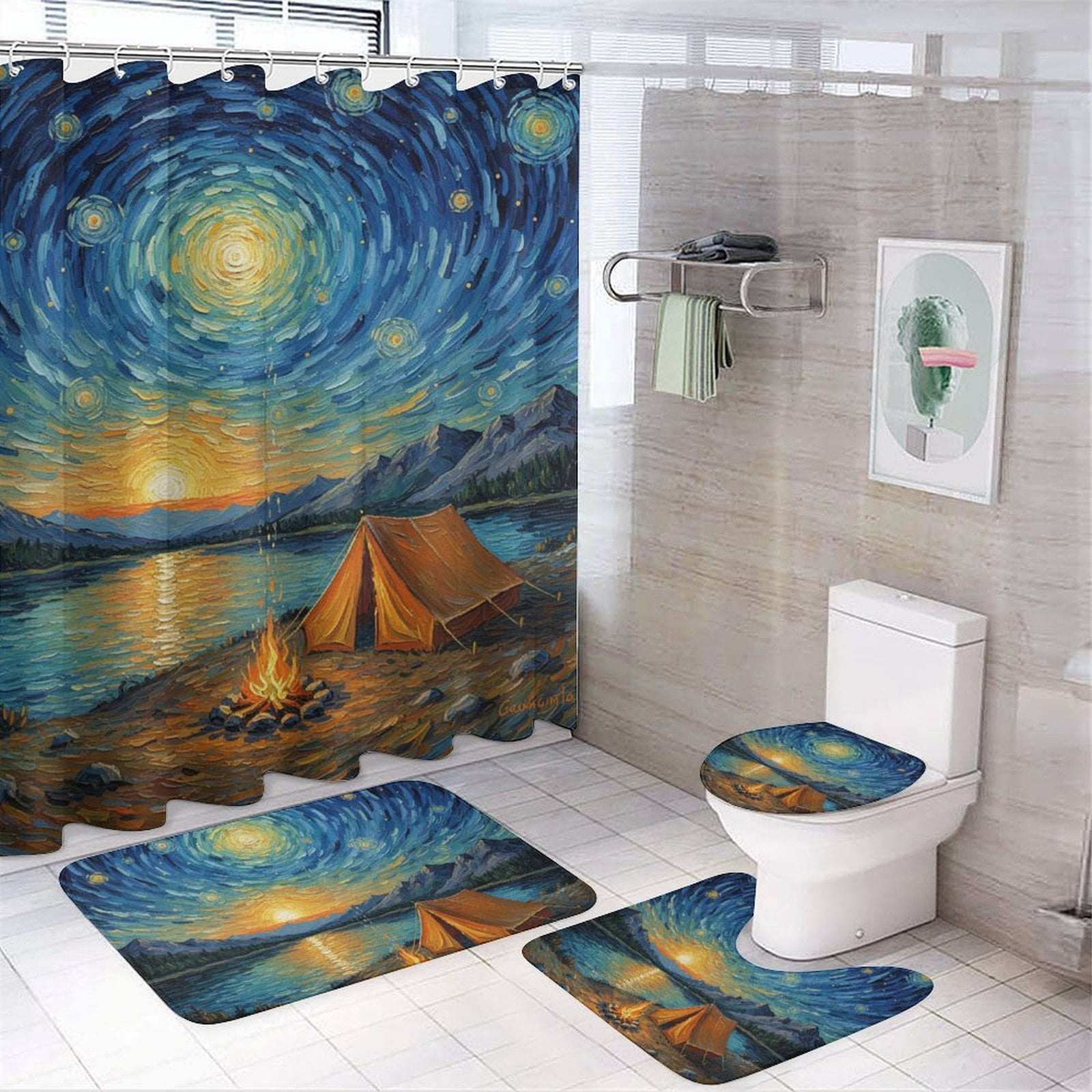 Chilfamy 4PCS Starry Night Tent & Campfire Waterproof Shower Curtain ...