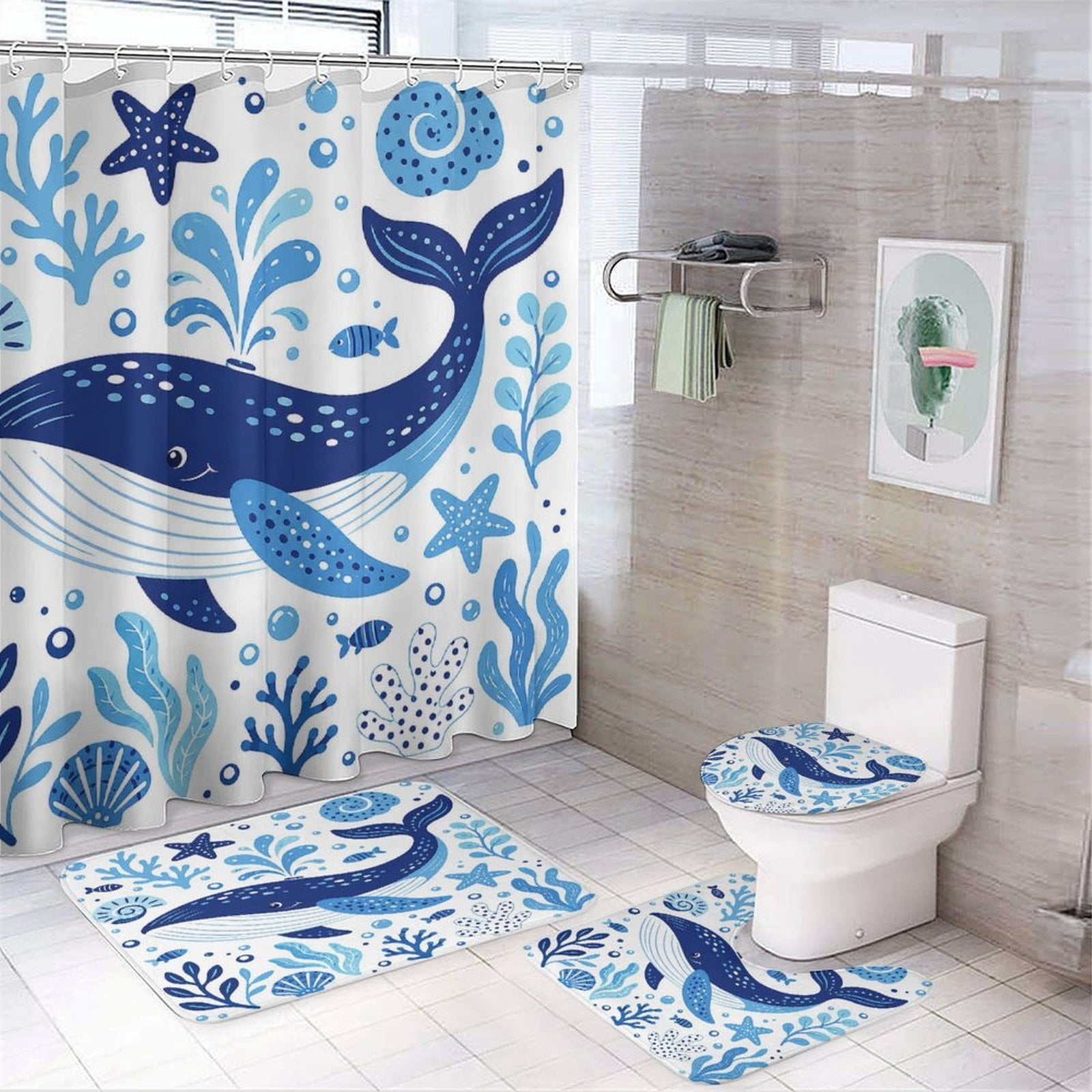 Chilfamy 4PCS Whale Ocean Life Sticker Set Waterproof Shower Curtain ...