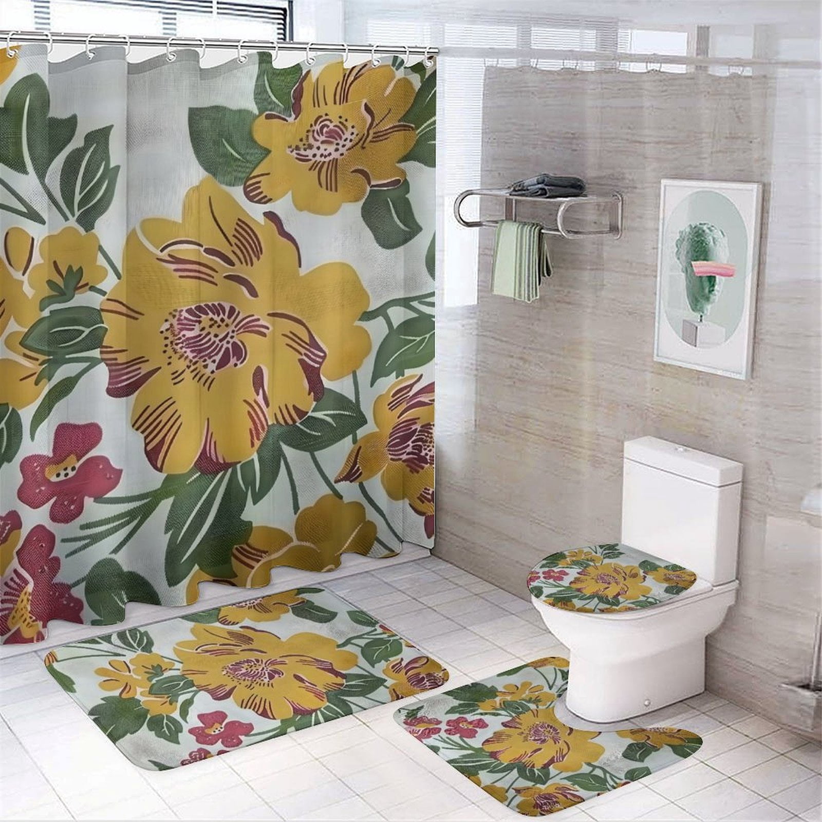 Chilfamy 4PCS Yellow Flowers Pattern Waterproof Shower Curtain Sets ...