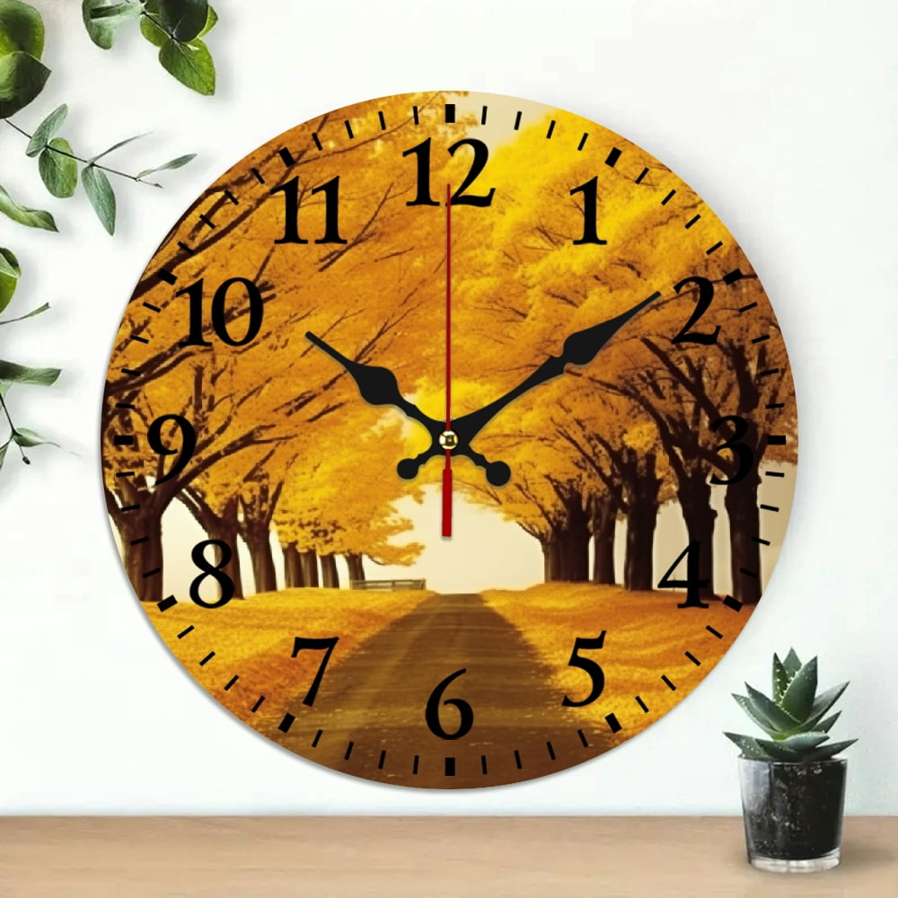 Chilfamy Autumn Leaves Wooden Wall Clock Battery Operated Silent ...