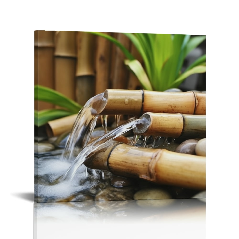 Chilfamy Bamboo Pipes Water Feature Rocks Canvas Wall Decor 12x12in ...