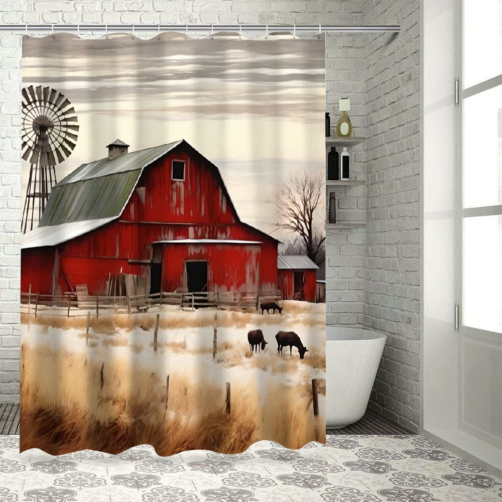 Chilfamy Barn Windmill Horses Shower Curtain with Hooks, Cloth Fabric ...