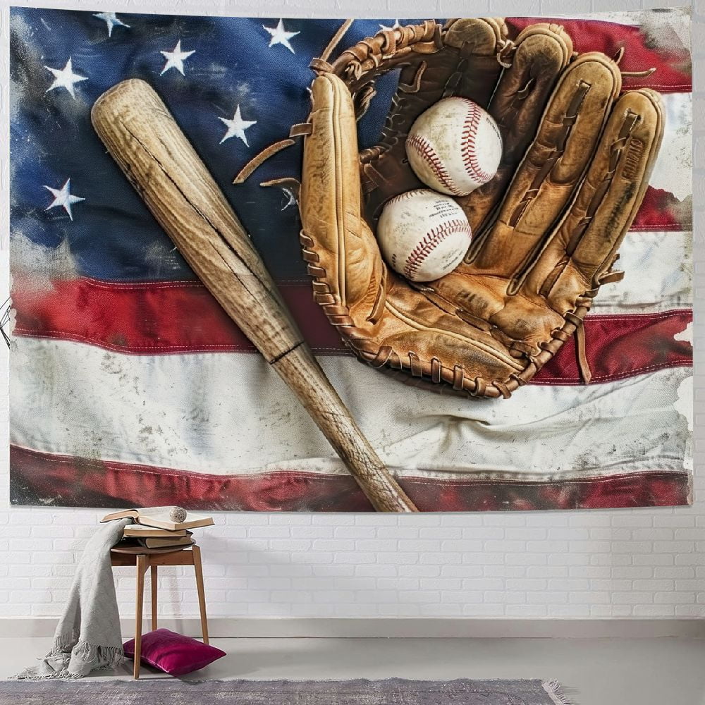 Chilfamy Baseball On USA Flag Wall Hanging Tapestry Baseball Bat Glove ...