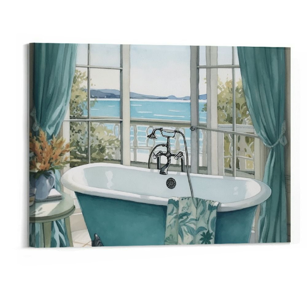 Chilfamy Bathroom Canvas Print Wall Art Decor Teal Bathtub Picture Sea ...