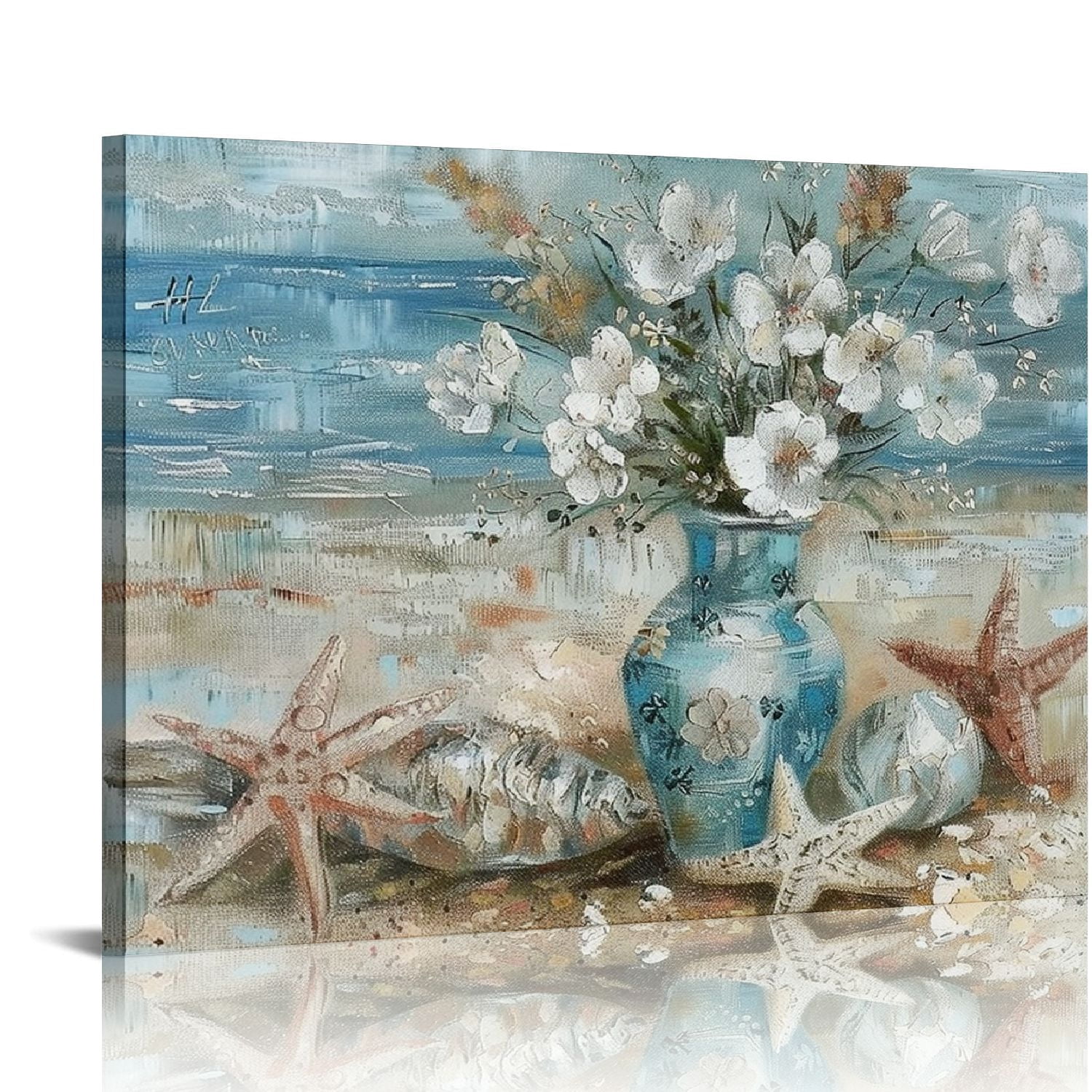 Chilfamy Bathroom Decor Wall Art Blue Beach Picture Ocean Theme Flower Canvas Print Modern ...