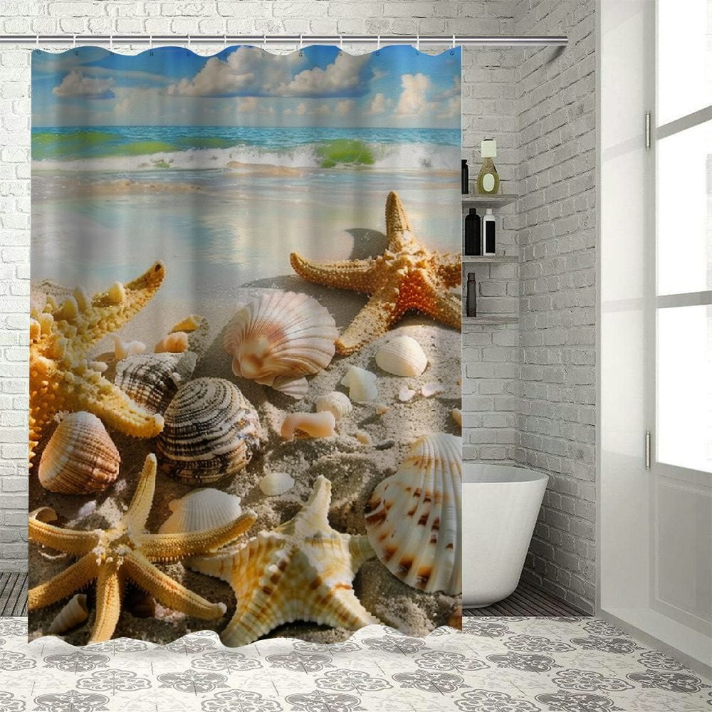 Chilfamy Beach Starfish Shower Curtain Seashell Conch Blue Sky Cloud ...