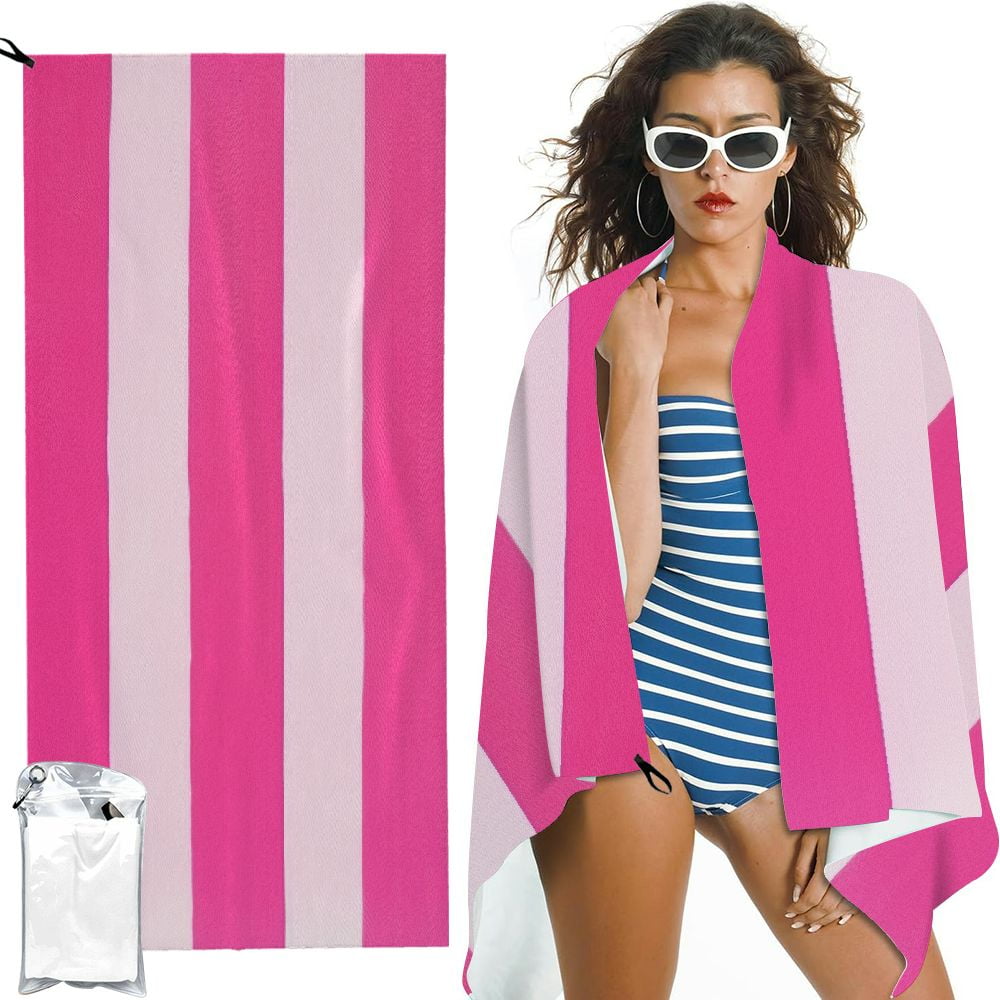 Chilfamy Beach Towel - Fluffy Microfiber Pool Towel, Pink Striped Quick ...