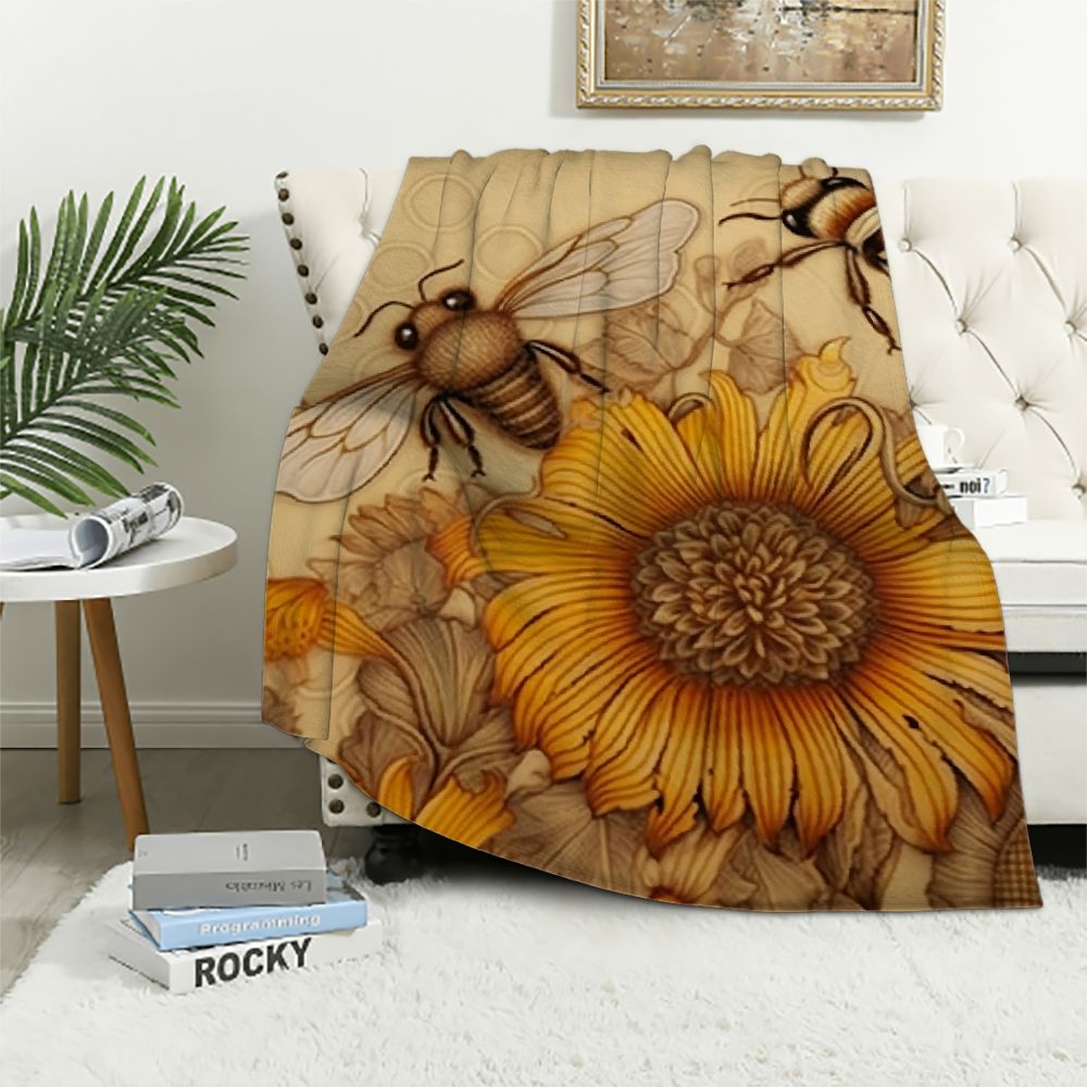 Chilfamy Bee Flowers Honeybee Print Throw Blanket for Bed Couch Car ...