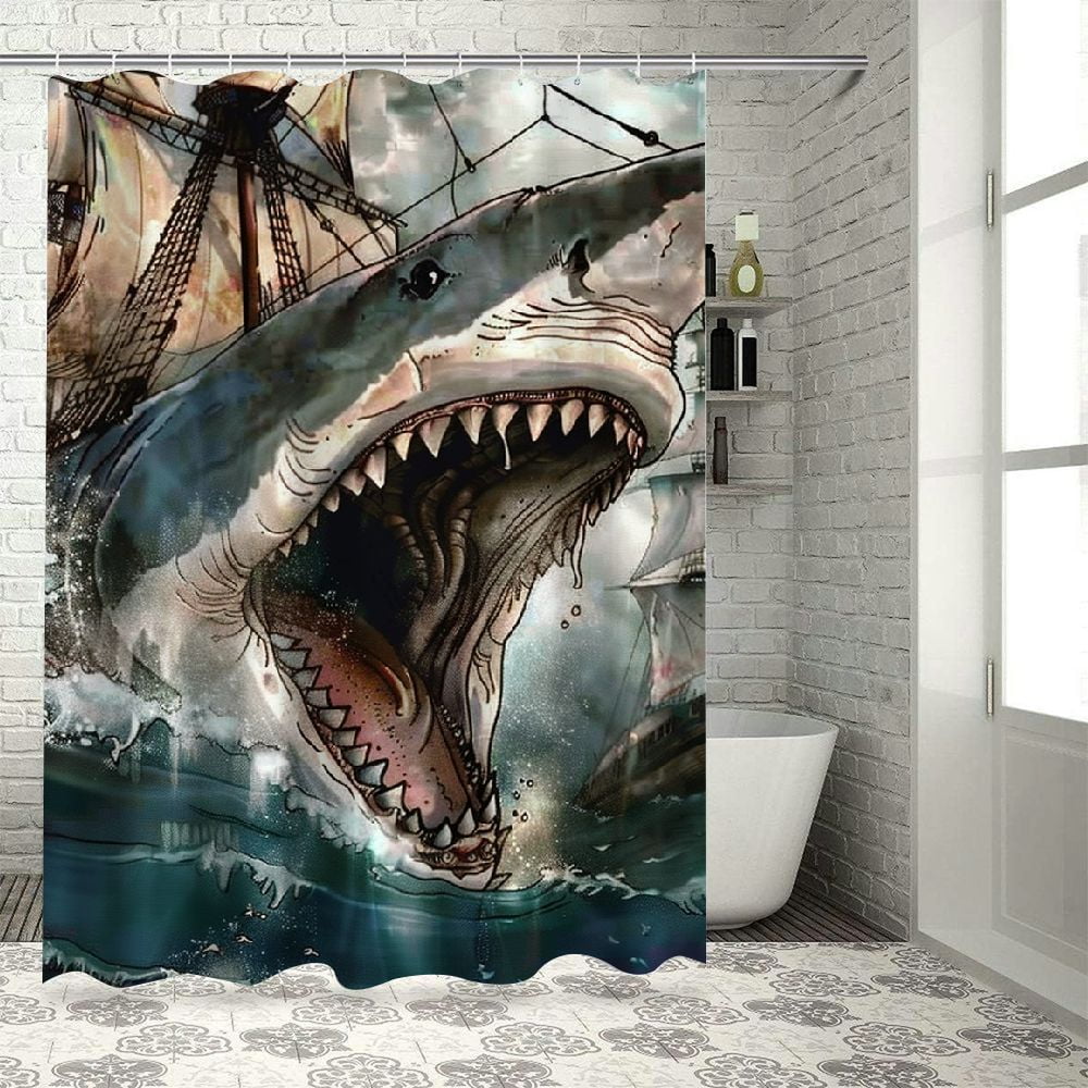 Chilfamy Big Mouth Shark Shower Curtains No Liner Mediterranean Style ...