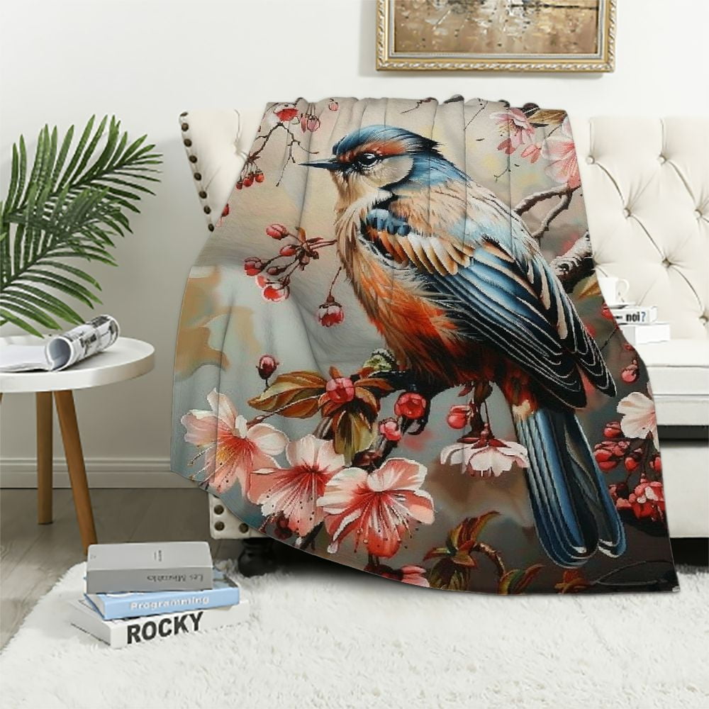 Chilfamy Bird Flowers Blanket Spring Vintage Watercolor Birds Flowers ...