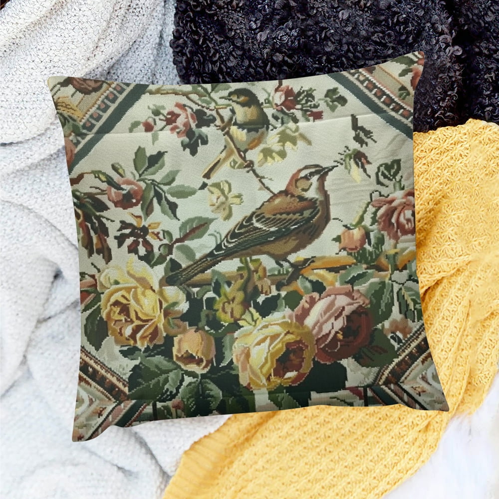 Chilfamy Birds Flowers Throw Pillow Cover 100% Linen for Home Sofa ...