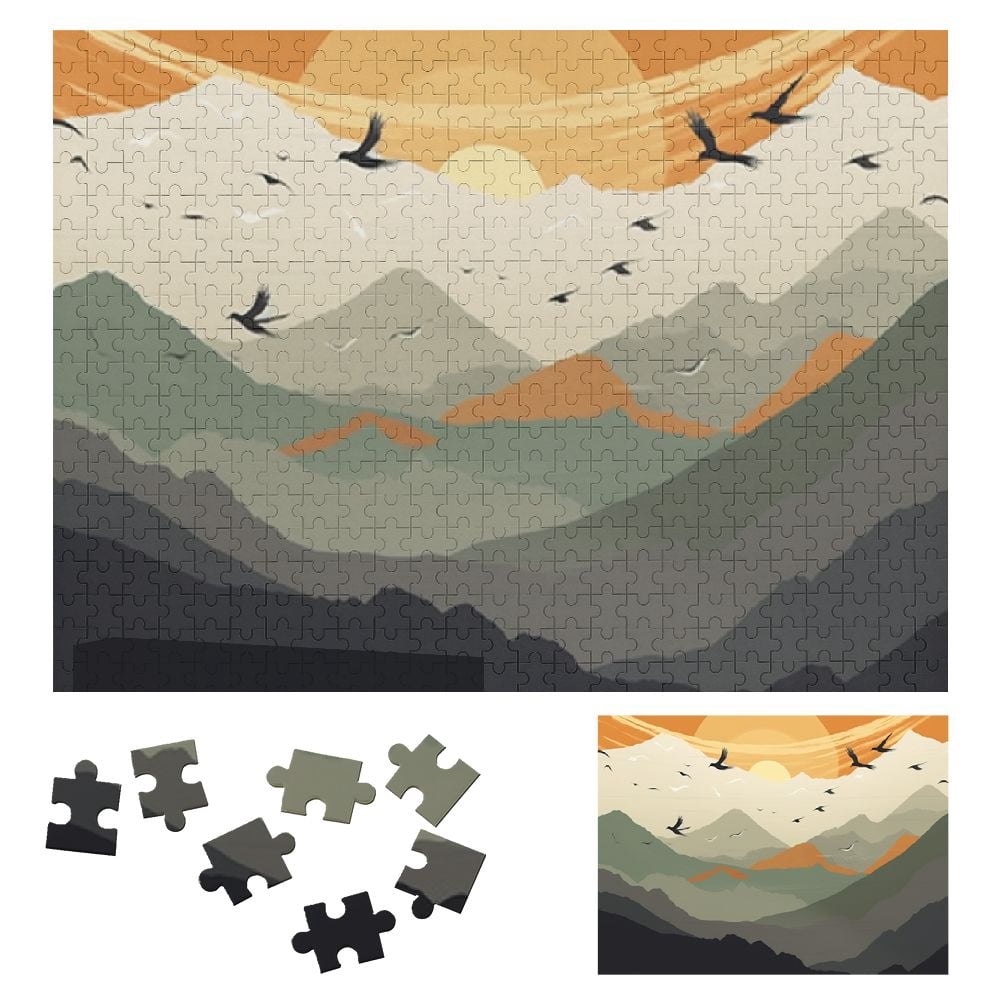 Chilfamy Birds Mountain Sunset Wooden Unique Shapes Jigsaw Puzzle ...