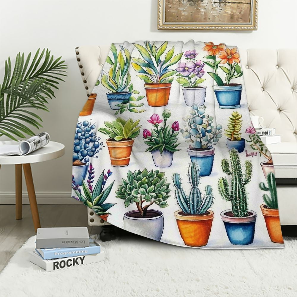 Chilfamy Blanket Plant Lady Chic Watercolor Potted PlantsThrow Blankets ...