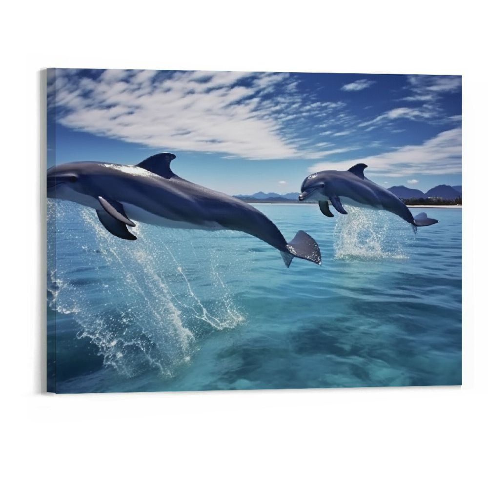 Chilfamy Blue Dolphin Canvas Wall Art Blue Sky Beach Seascape Wall ...