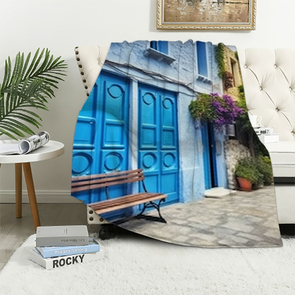 Chilfamy Blue Door Windows Bench Print Throw Blanket Flannel Hand ...