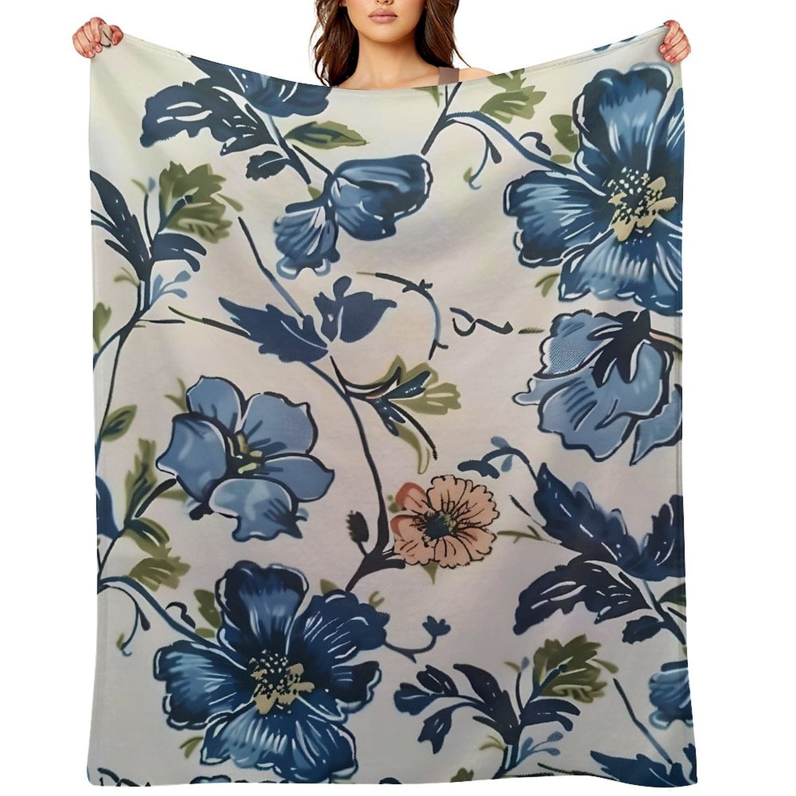 Chilfamy Blue Floral Soft Flannel Throw Blanket, Lightweight Fuzzy Warm ...