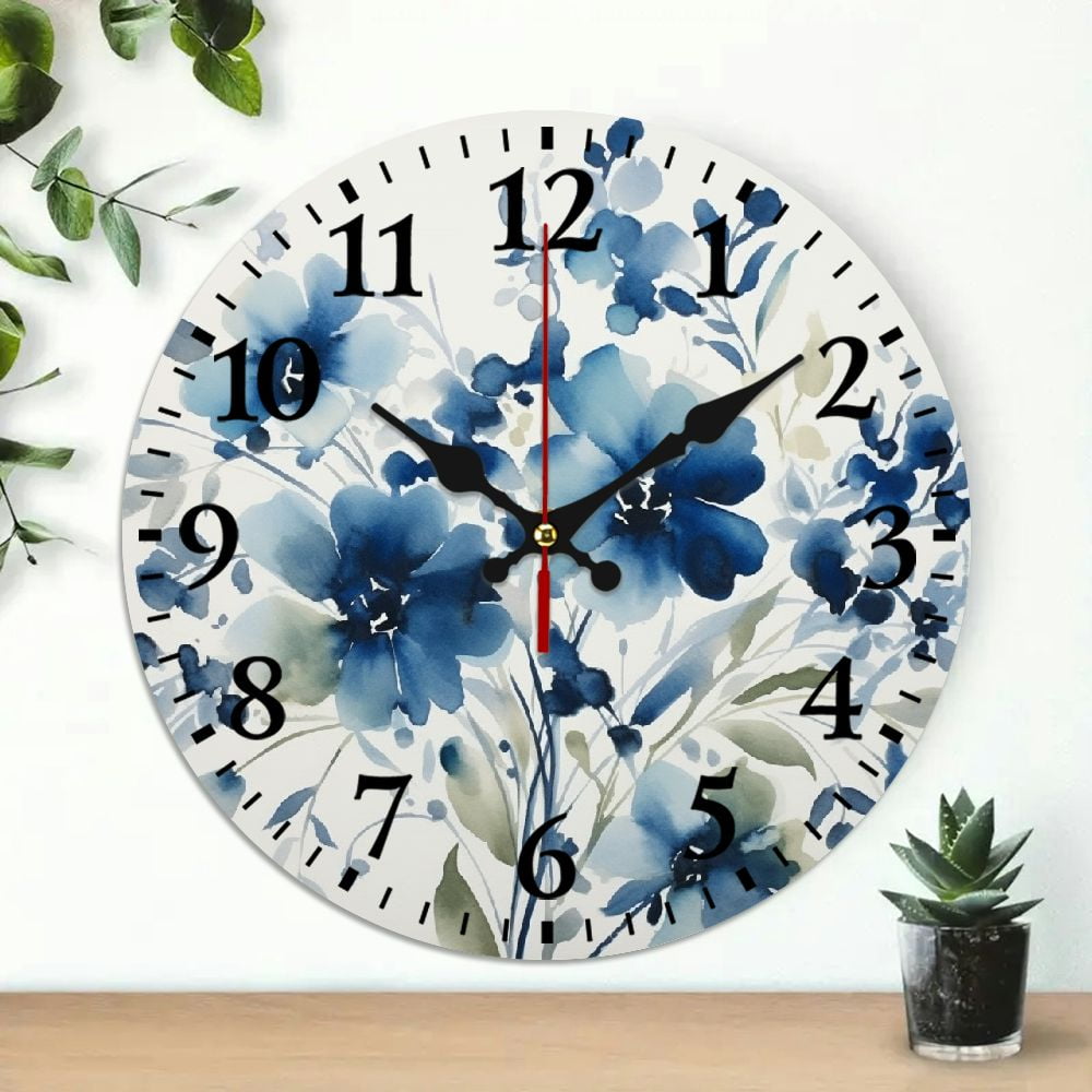 Chilfamy Blue Flowers Theme 10-Inch Round Wooden Wall Clock for Living ...