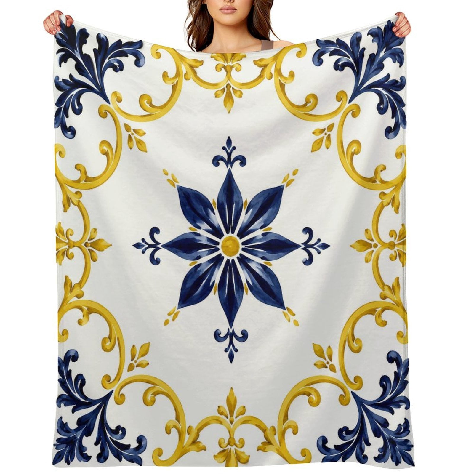 Chilfamy Blue Gold Floral Tile Pattern Art Soft Flannel Throw Blanket ...