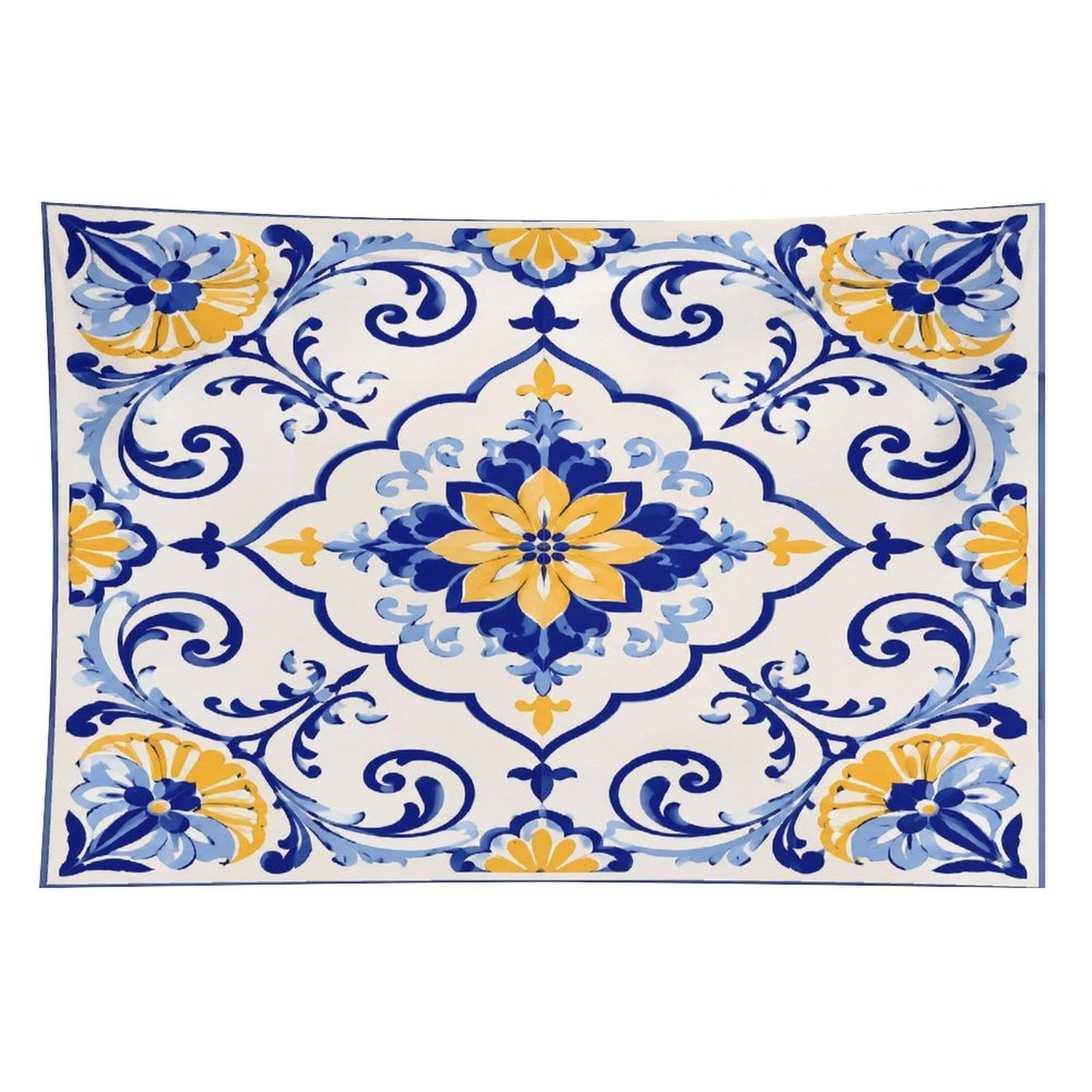 Chilfamy Blue Gold Floral Tile Pattern Polyester Wall Tapestry Anti ...