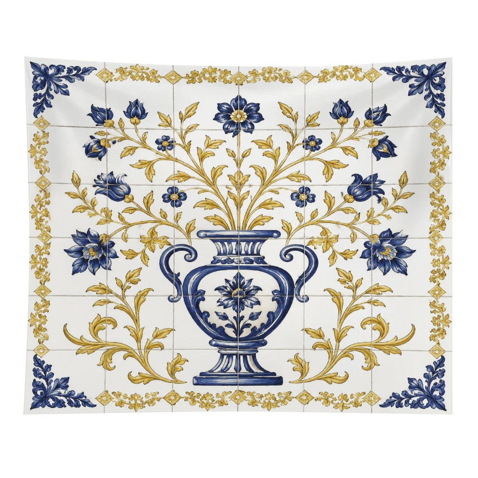 Chilfamy Blue Gold Vase Tile Mural Design Polyester Wall Tapestry Anti ...