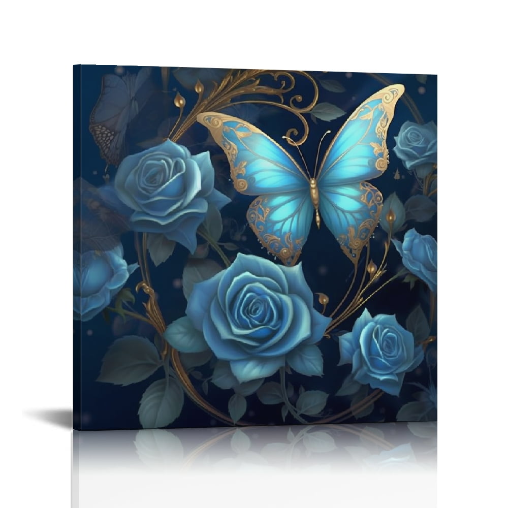 Chilfamy Blue Rose Butterflies Fantasy Art Canvas Wall Decor 12x12in ...