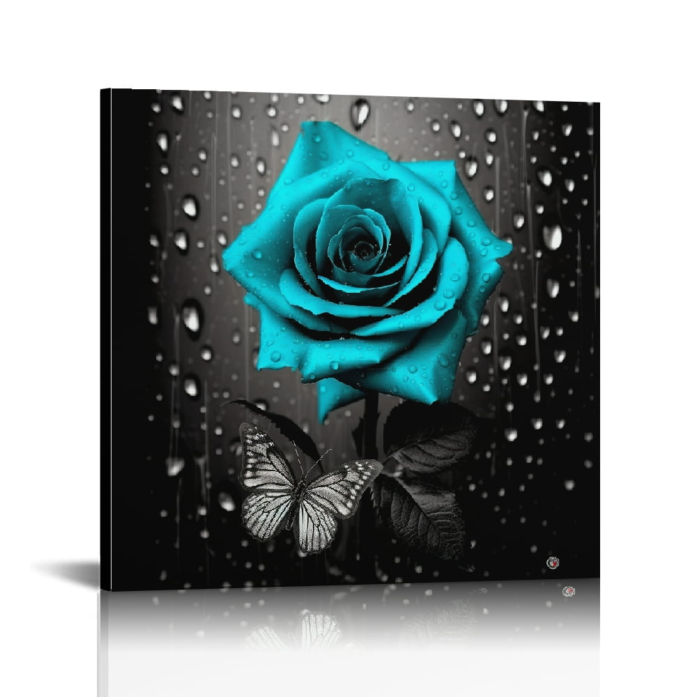 Chilfamy Blue Rose Butterflies Water Droplets Canvas Wall Art 12x12in ...