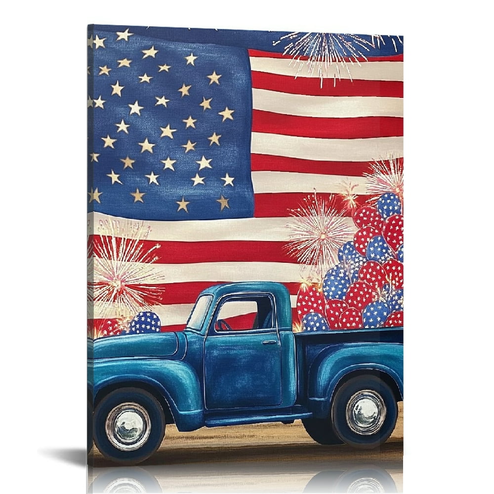 Chilfamy Blue Truck Fireworks American Wall Decor Canvas Print 12x16in ...