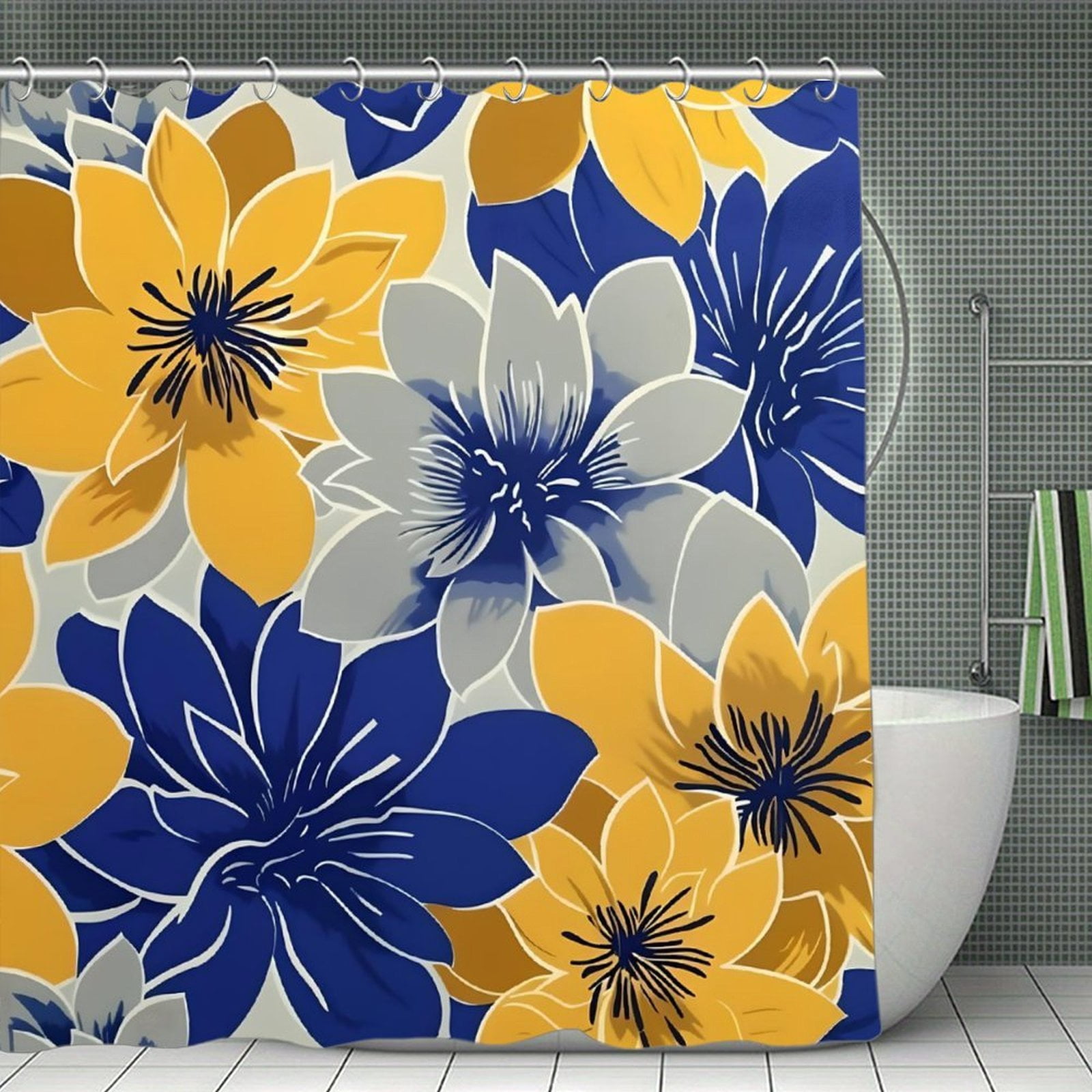 Chilfamy Blue Yellow Gray Floral Shower Curtain ,Watercolor Flowers ...