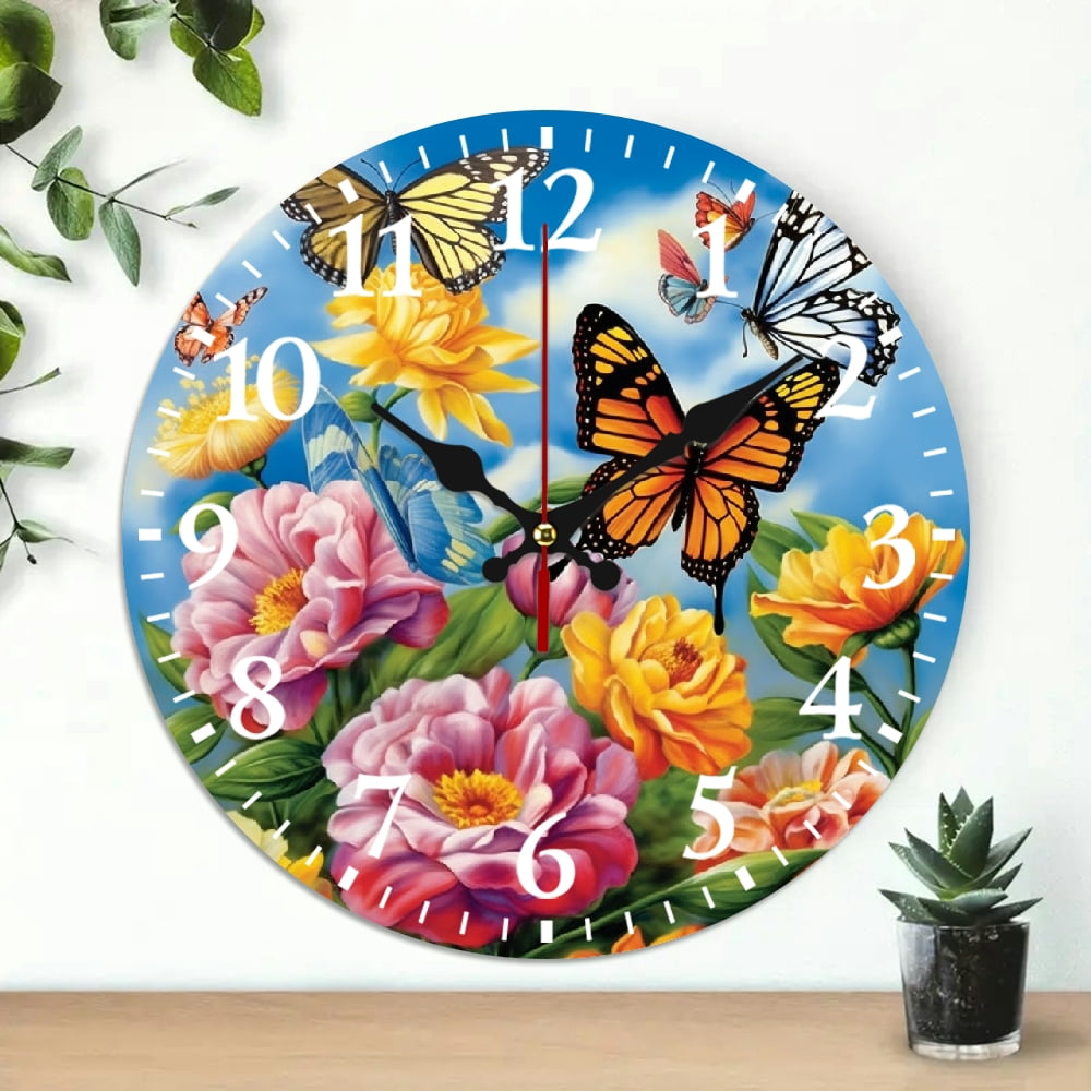 Chilfamy Butterflies Flowers Blue Sky Round Wooden Wall Clock 10x10in ...