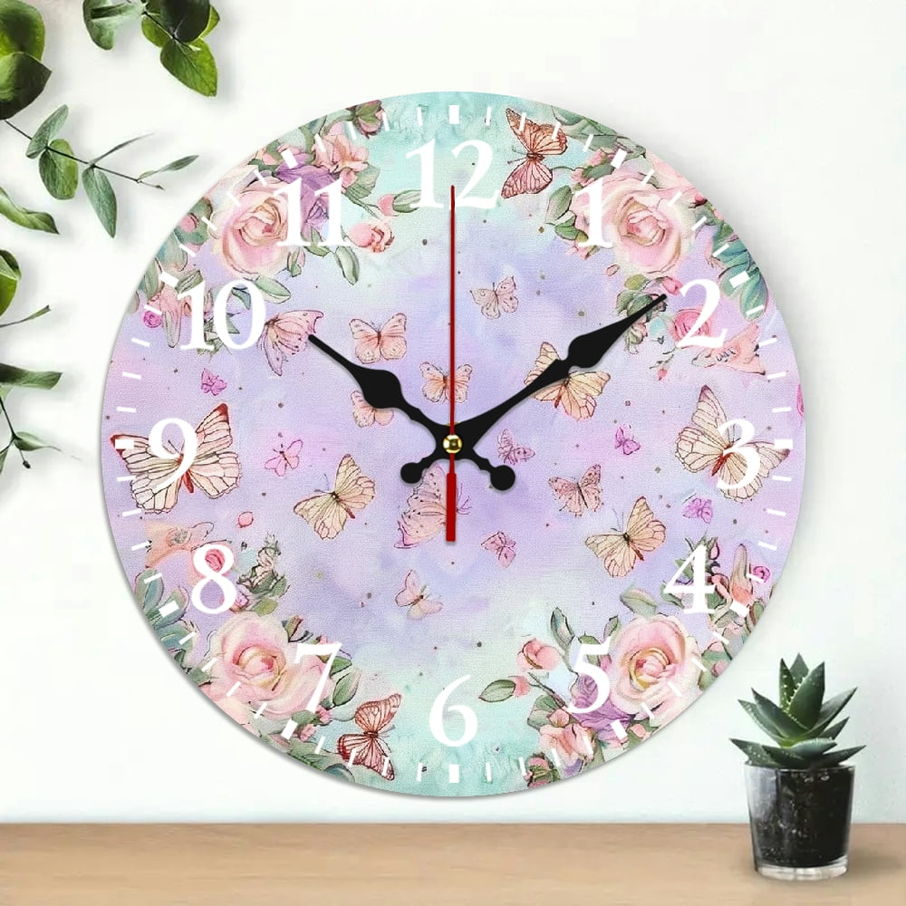 Chilfamy Butterflies Flowers Roses Theme 10-Inch Wooden Wall Clock for ...