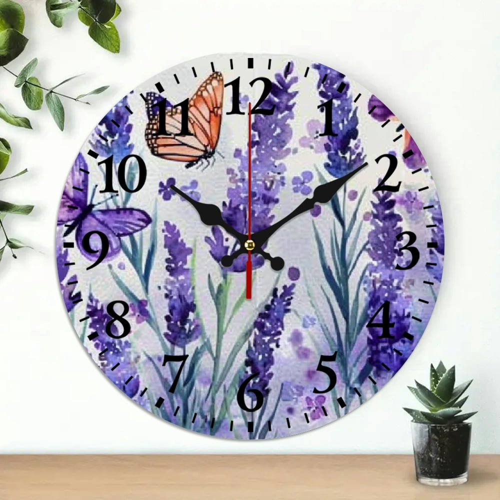 Chilfamy Butterfly Lavender Flowers Wall Clock, Frameless Round Analog ...