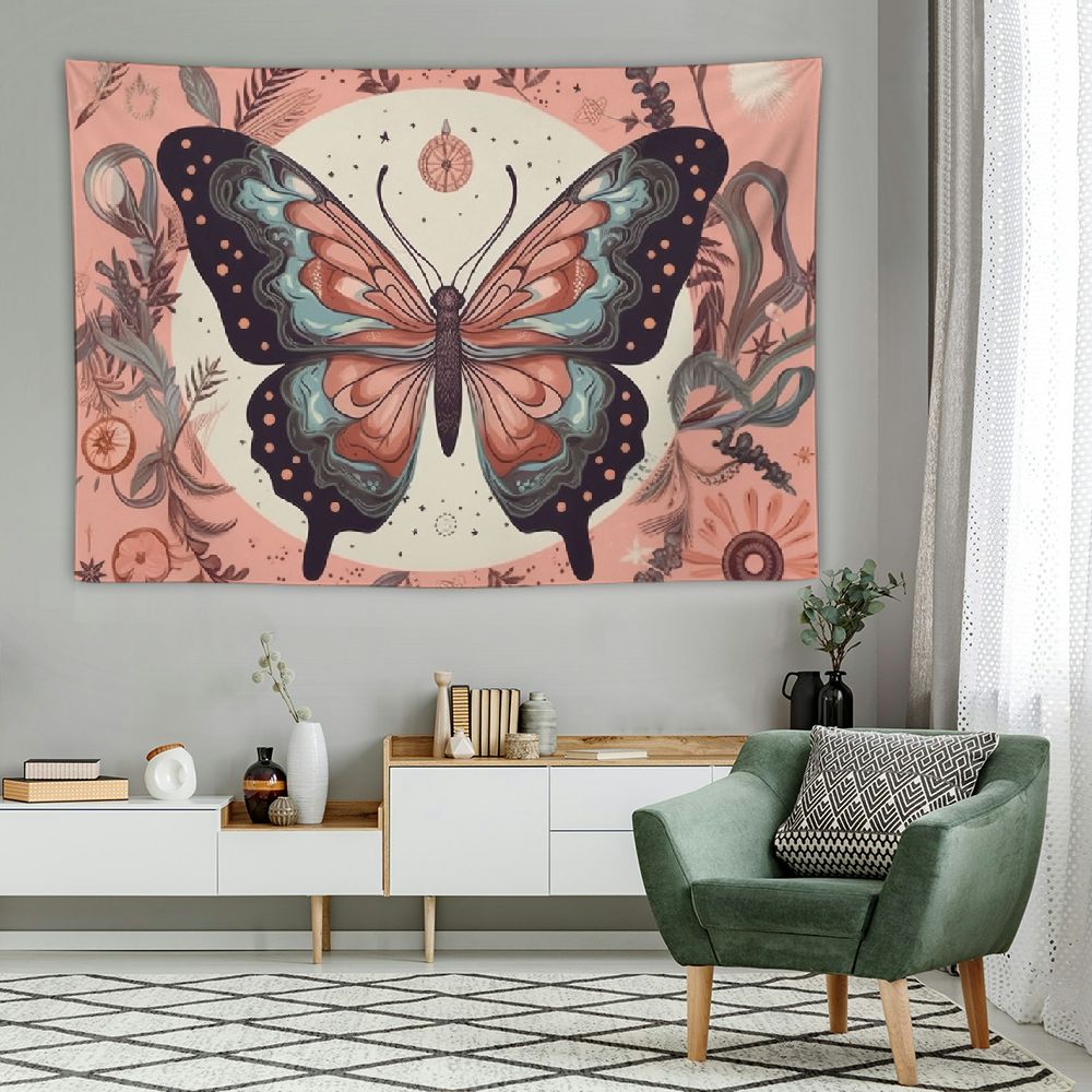 Chilfamy Butterfly Tapestry Pink Floral Plant Botanical Tapestries Wall ...