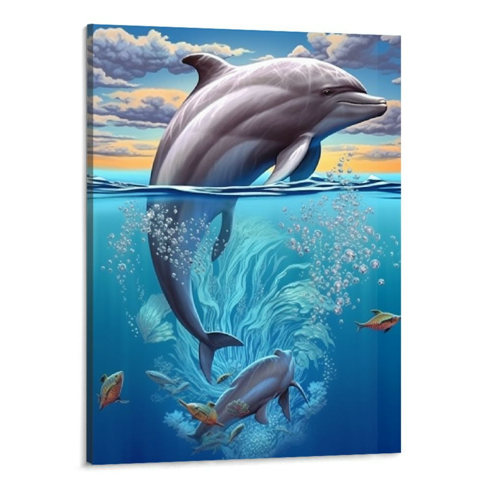 Chilfamy Canvas Print Wall Art Dolphin Jumping On The Sea Watercolor ...
