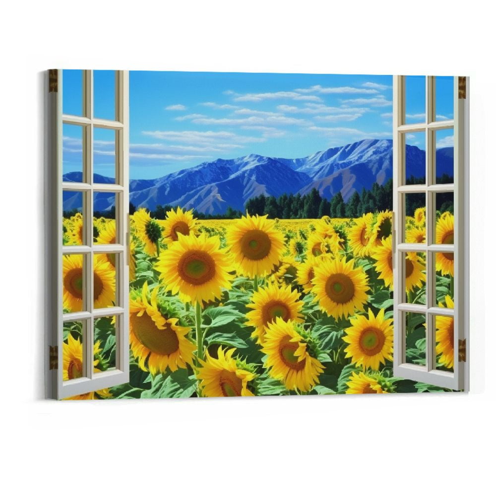 Chilfamy Canvas Print Wall Art Window View Neon Sunflower Botanical ...