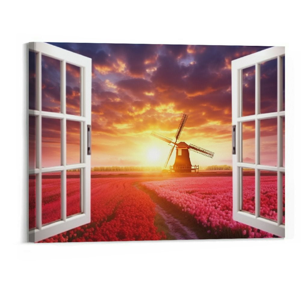 Chilfamy Canvas Wall Art Mural Window View Vibrant Sunset Dutch ...