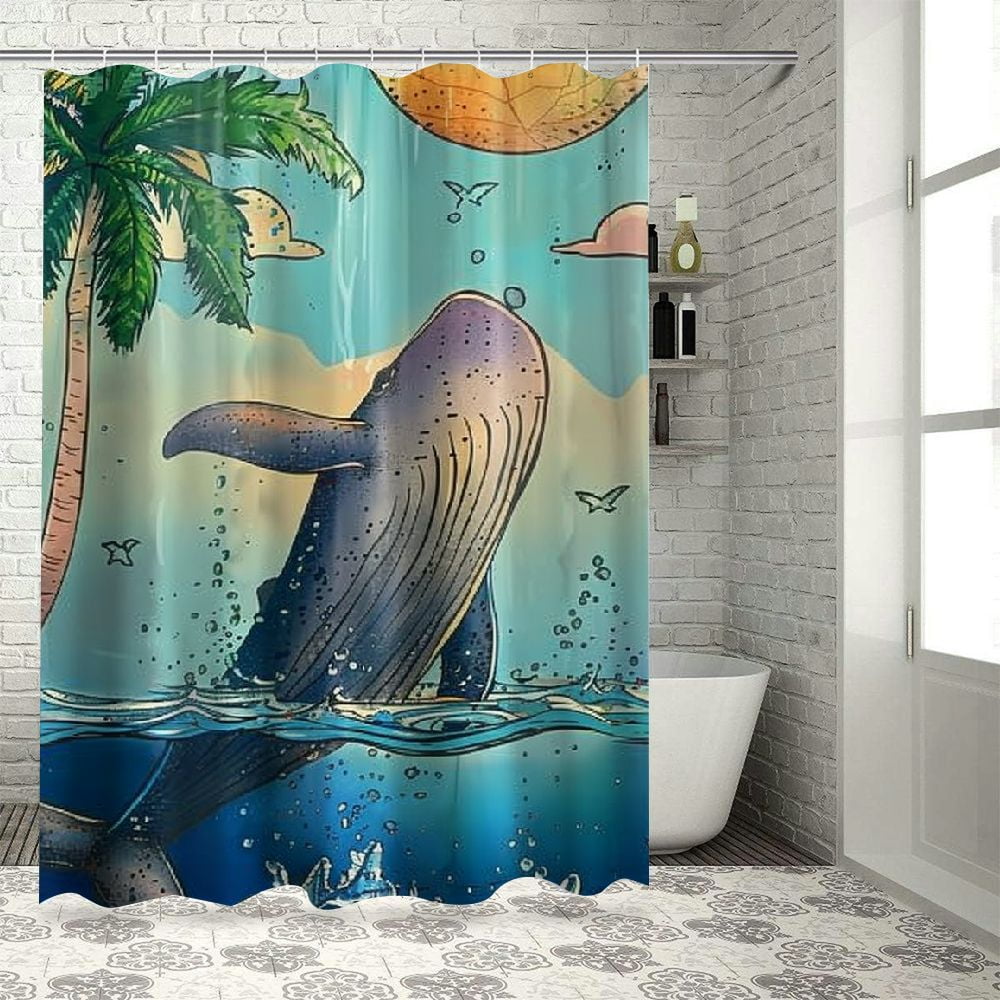 Chilfamy Cartoon Shower Curtain, Dolphin with Tiny Tree on His Head in ...