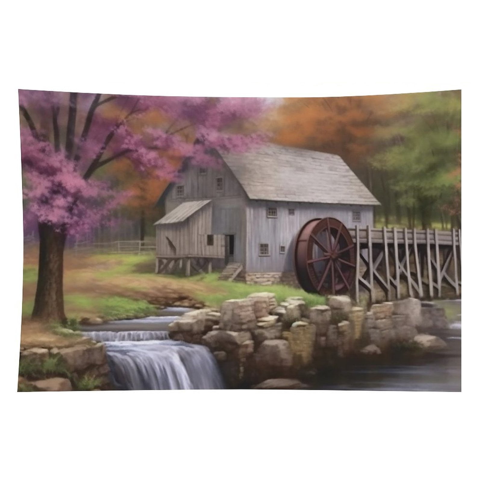 Chilfamy Cherry Blossom Waterwheel Creek Polyester Wall Tapestry Anti ...