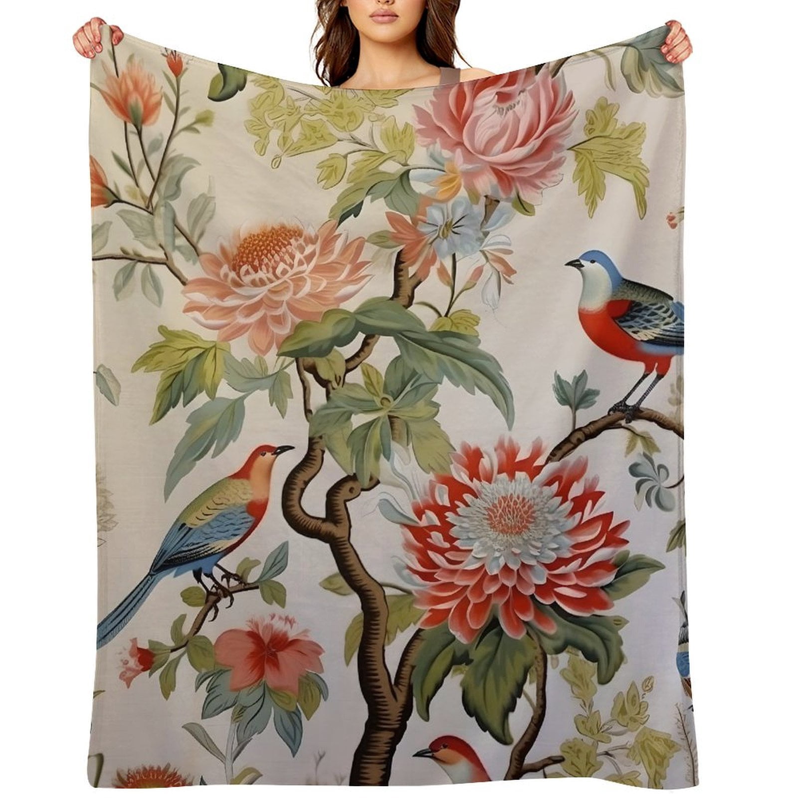 Chilfamy Chinese Bird Peony Soft Flannel Throw Blanket, Lightweight ...