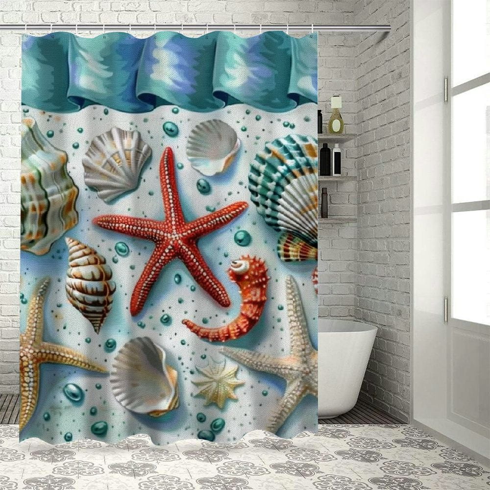 Chilfamy Coastal Beach Shower Curtain, Nautical Ocean Seashell Coral ...