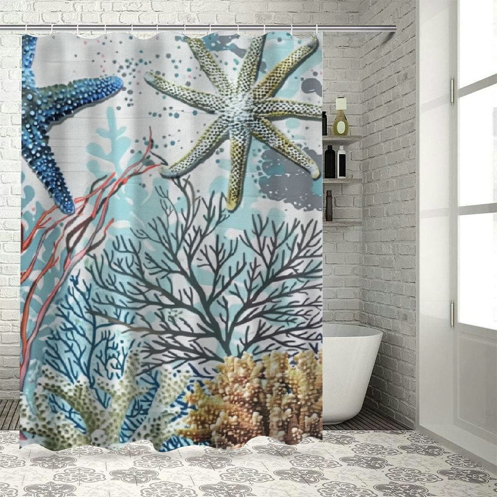 Chilfamy Coastal Nautical Blue Sea Ocean Beach Themed Shower Curtain for Bathroom Coral Starfish ...