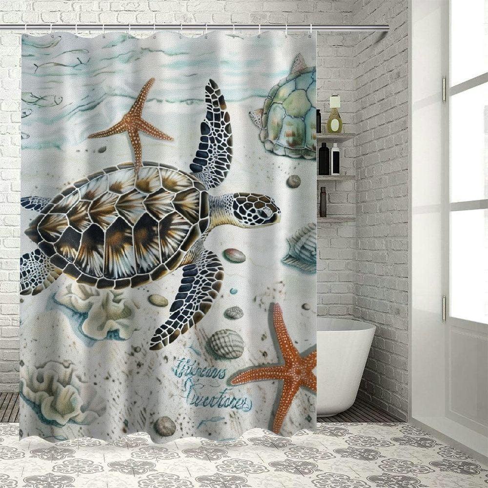 Chilfamy Coastal Nautical Shower Curtain Vintage Sea Turtle Starfish ...