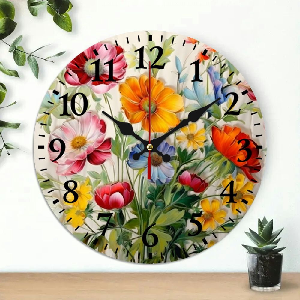 Chilfamy Colorful Flowers Green Leaves Wall Clock for Living Room ...