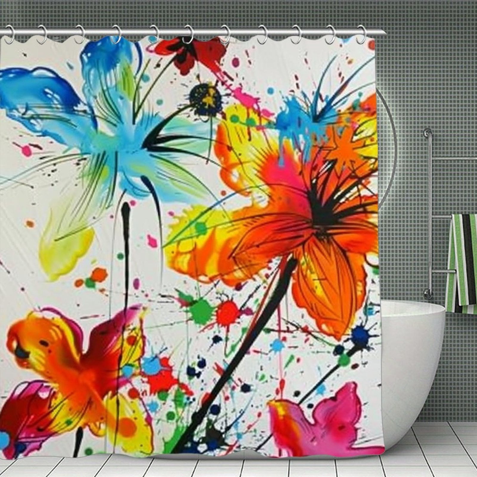 Chilfamy Colorful Paint Splash Flowers Shower Curtain ,Watercolor ...