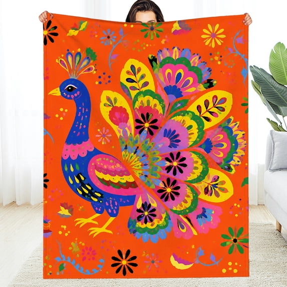 Chilfamy Colorful Peacock Folk Art Decorative Blanket, Tear-Resistant ...