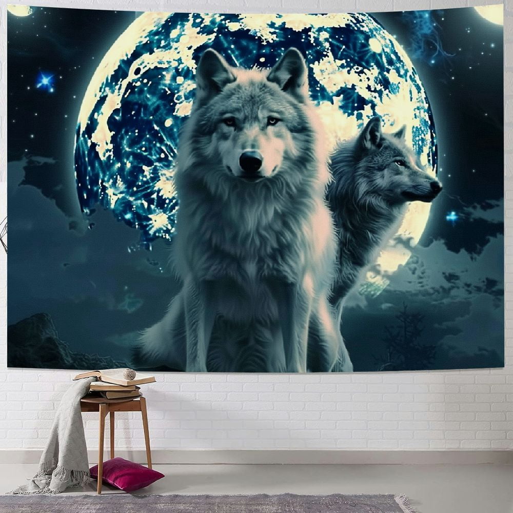 Chilfamy Cool Wolf Moon Tapestry, Blue Galaxy Moon Phase Forest Wall ...