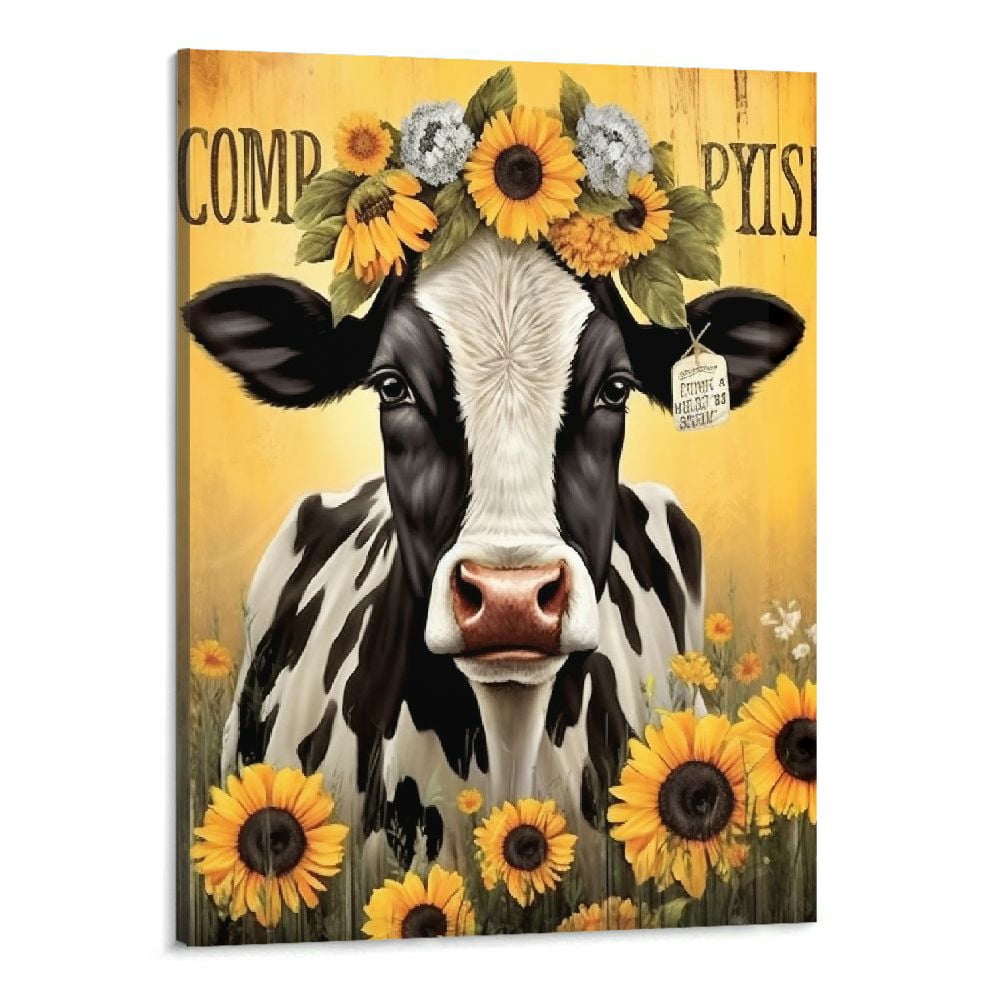 Chilfamy Cow Wall Art Farmhouse Sunflower Flora Pictures Wall Decor ...