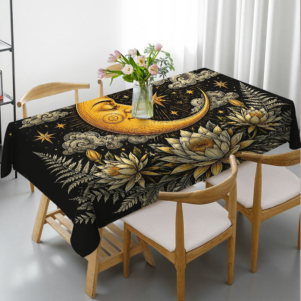 Chilfamy Crescent Moon And Lotus Print Rectangle Dining Tablecloth ...