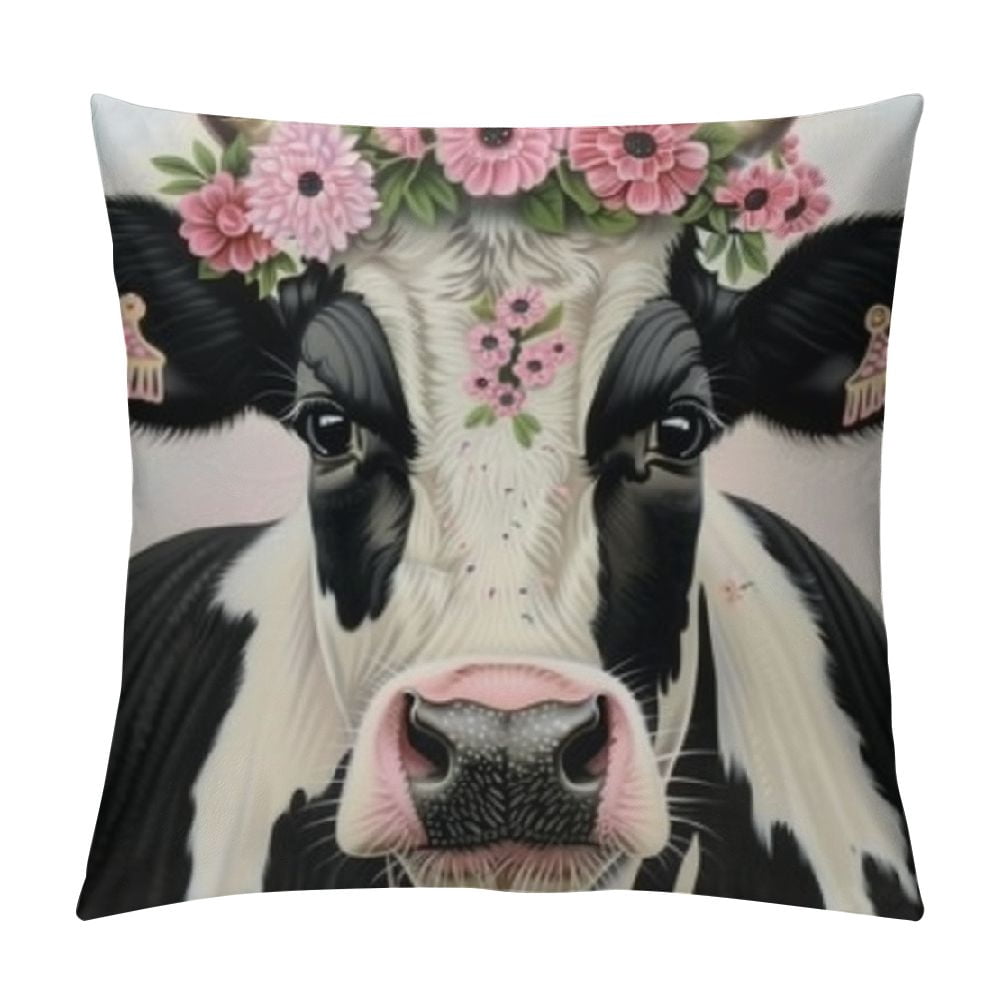 Chilfamy Cute Farm Cow Throw Pillow Covers Black White Pink Cowhide ...