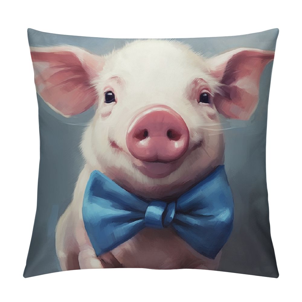 Chilfamy Cute Pig with Blue Bow Tie，Printed Throw Pillow Cushion Covers ...