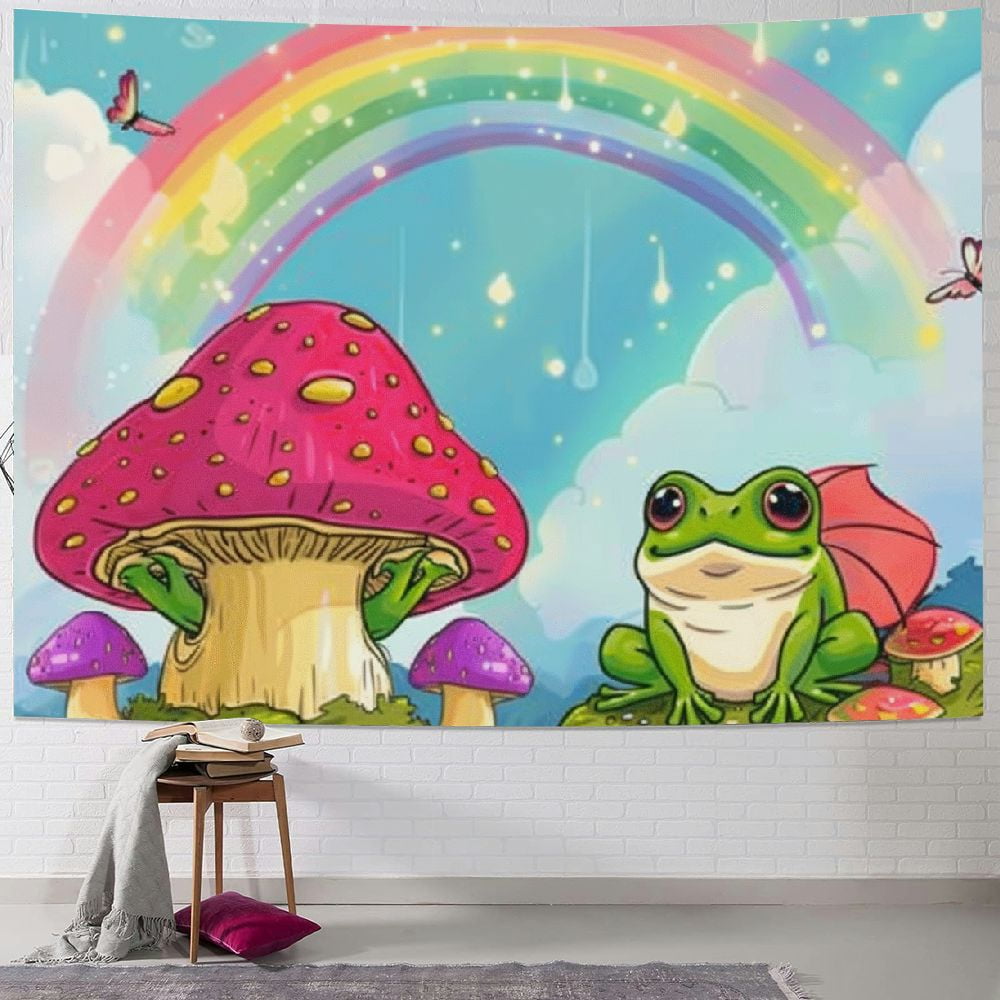 Chilfamy Cute Tapestry, Kawaii Frog Mushroom Snails Rainbow Tapestry ...
